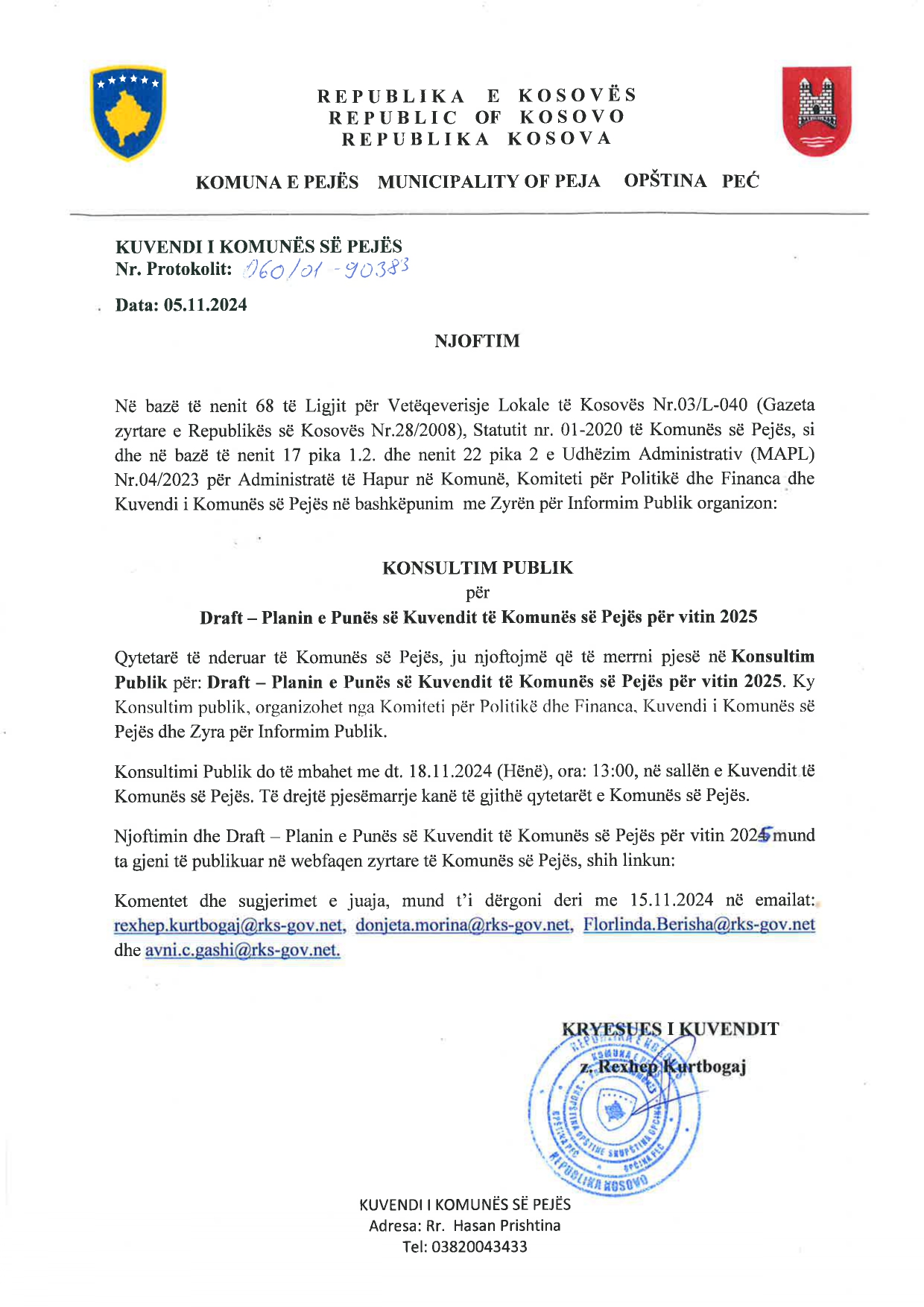 Njoftim - Konsultim Publik për Planin e Punës së Kuvendit të Komunës së ...